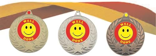 Well Done Simely Face Medals with Ribbons - Direct Source